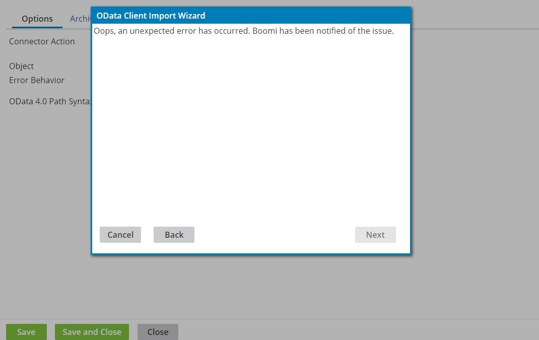 Article: Connecting Office365 using OData Client connector : Browse object: Oops, an unexpected ...